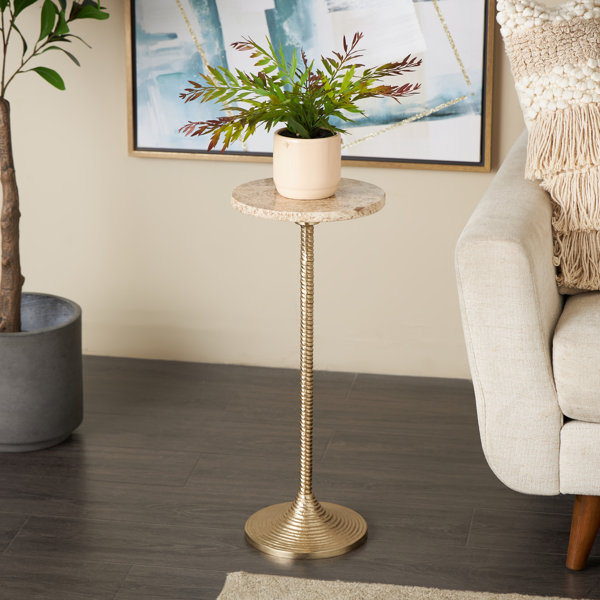 Mercer41 Cole And Grey Aluminum Metal Pedestal Side End Gold Accent Table With Beige Marble ...